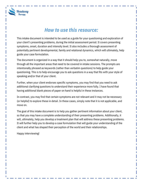 New Therapy Client Initial Intake Assessment