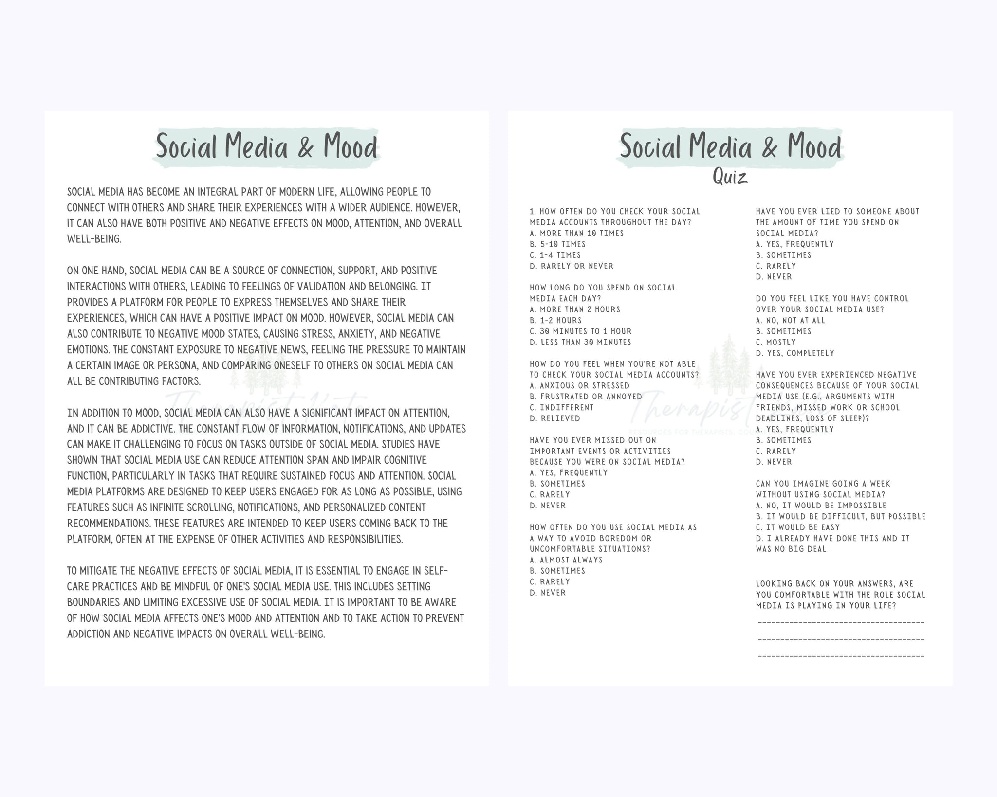 Therapy Worksheets for Social Media & Mood