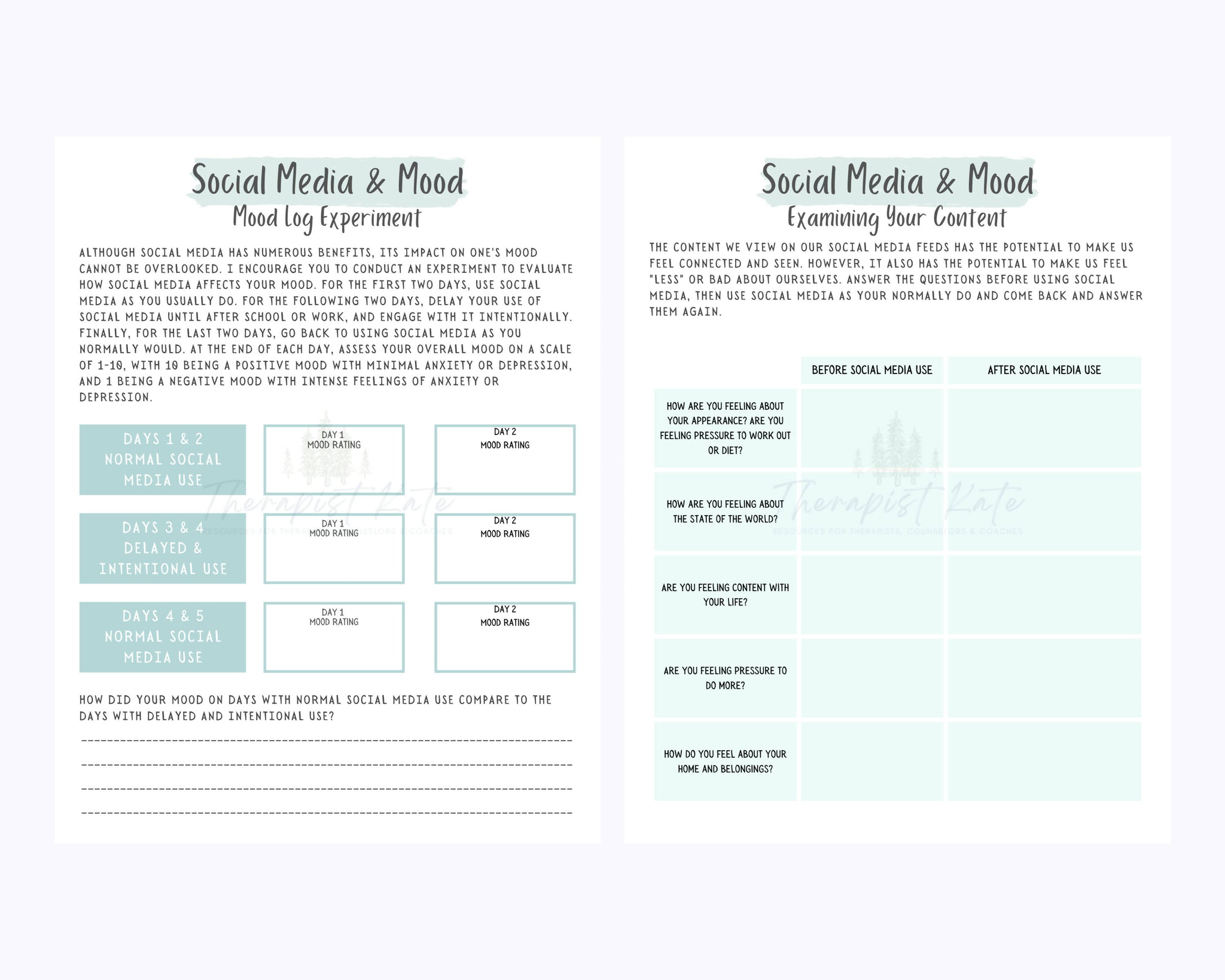 Therapy Worksheets for Social Media & Mood